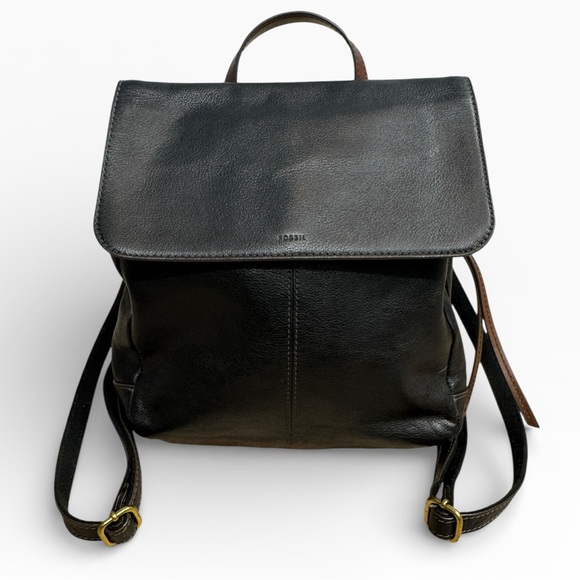 Fossil | Bags | Fossil Claire Leather Backpack Black Brown Flap ...